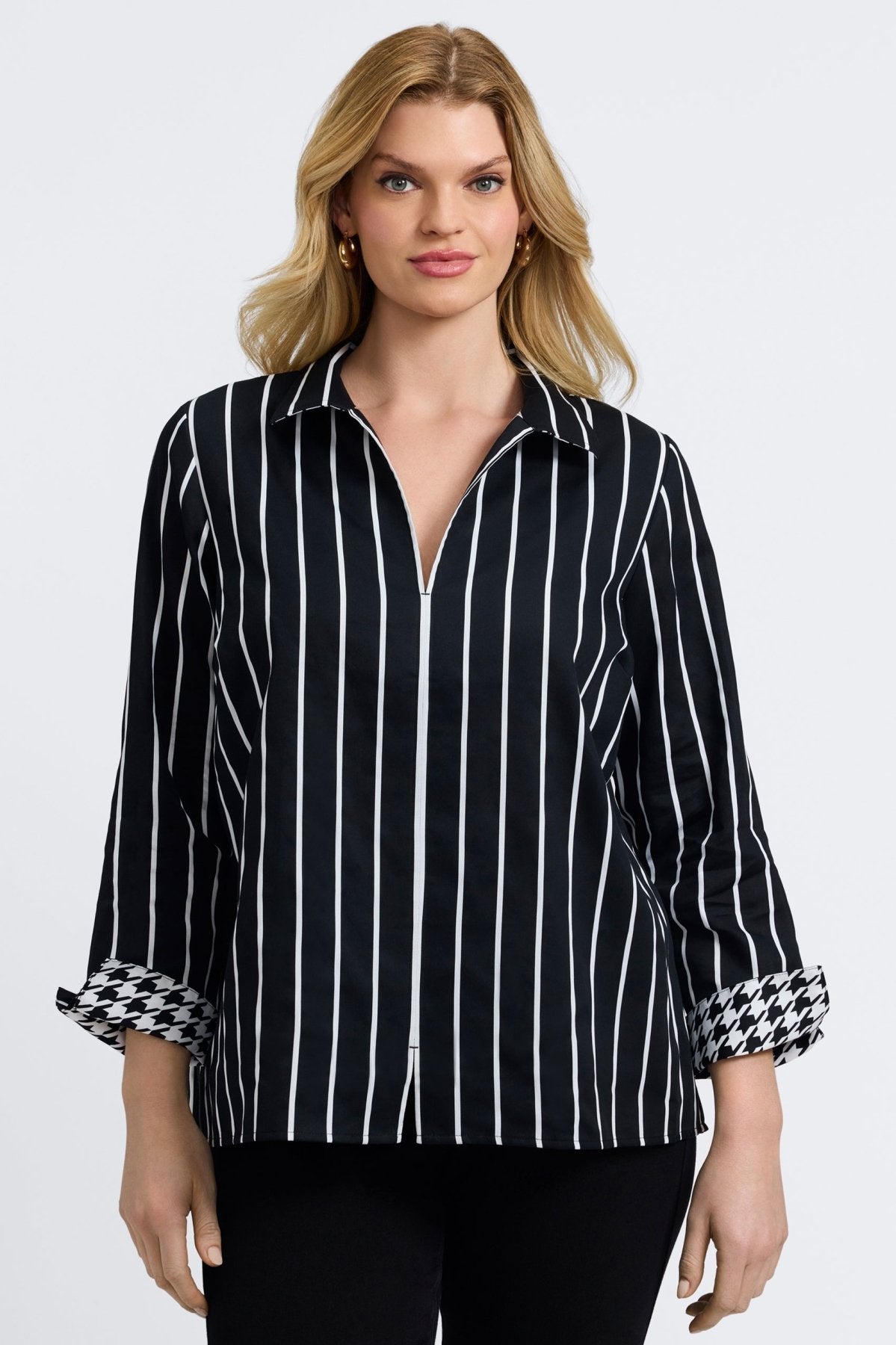 Agnes Plus Stripe & Houndstooth Long Sleeve Popover Shirt- Foxcroft