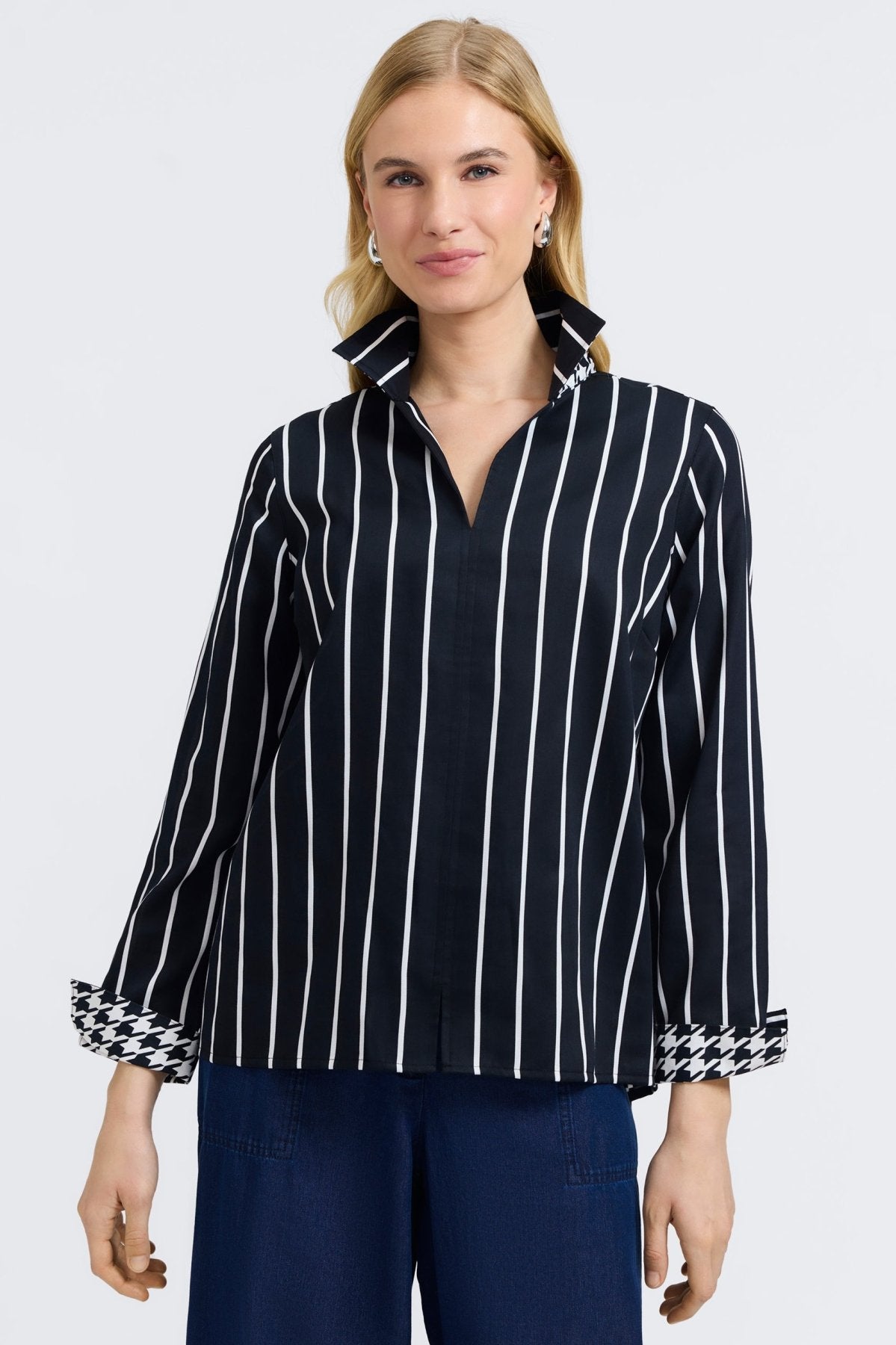 Agnes Stripe & Houndstooth Long Sleeve Popover Shirt- Foxcroft