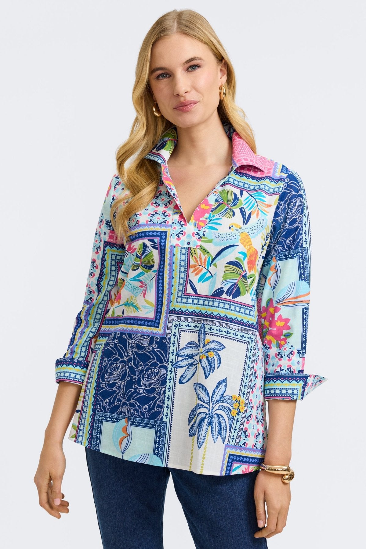 Julia Island Conversational 3/4 Sleeve Popover Shirt- Foxcroft