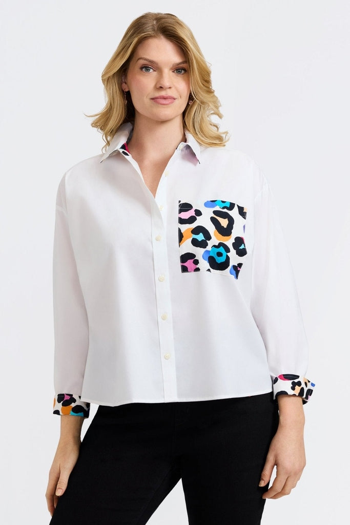 Marina Plus Multicolor Leopard Long Sleeve Short Shirt- Foxcroft