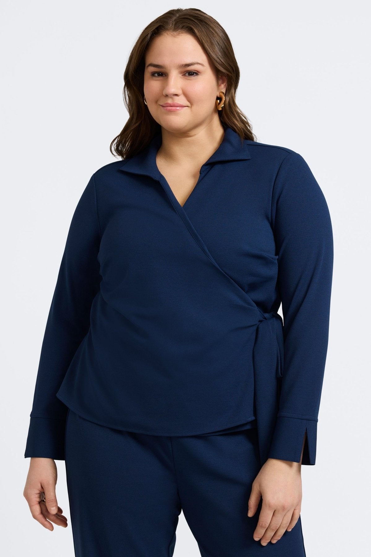 Rosie Plus Knit Crepe Wrap Long Sleeve Shirt- Foxcroft