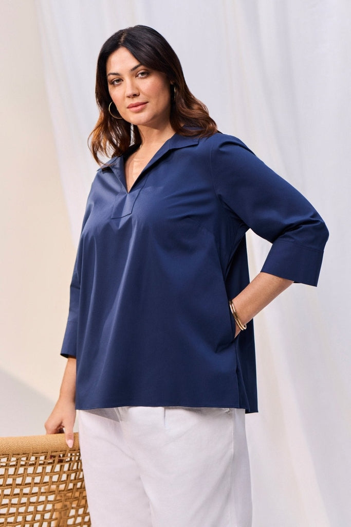 Julia Plus No Iron Stretch Cotton 3/4 Sleeve Popover Shirt- Foxcroft
